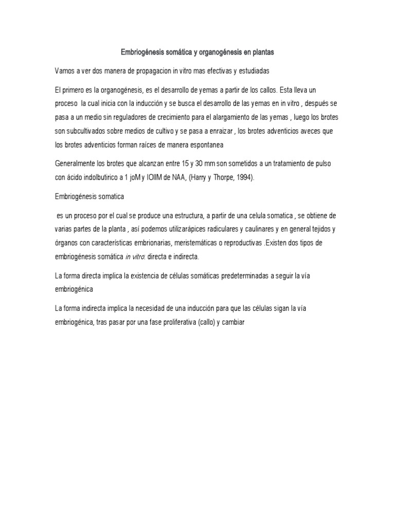 Embriogénesis Somática y Organogénesis en Plantas | PDF