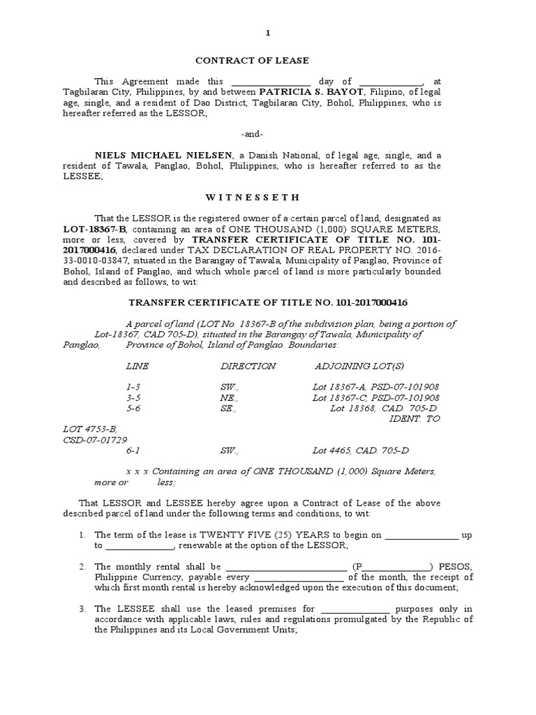 CONTRACT OF LEASE of Lot. Sample | PDF | Urban | Lease