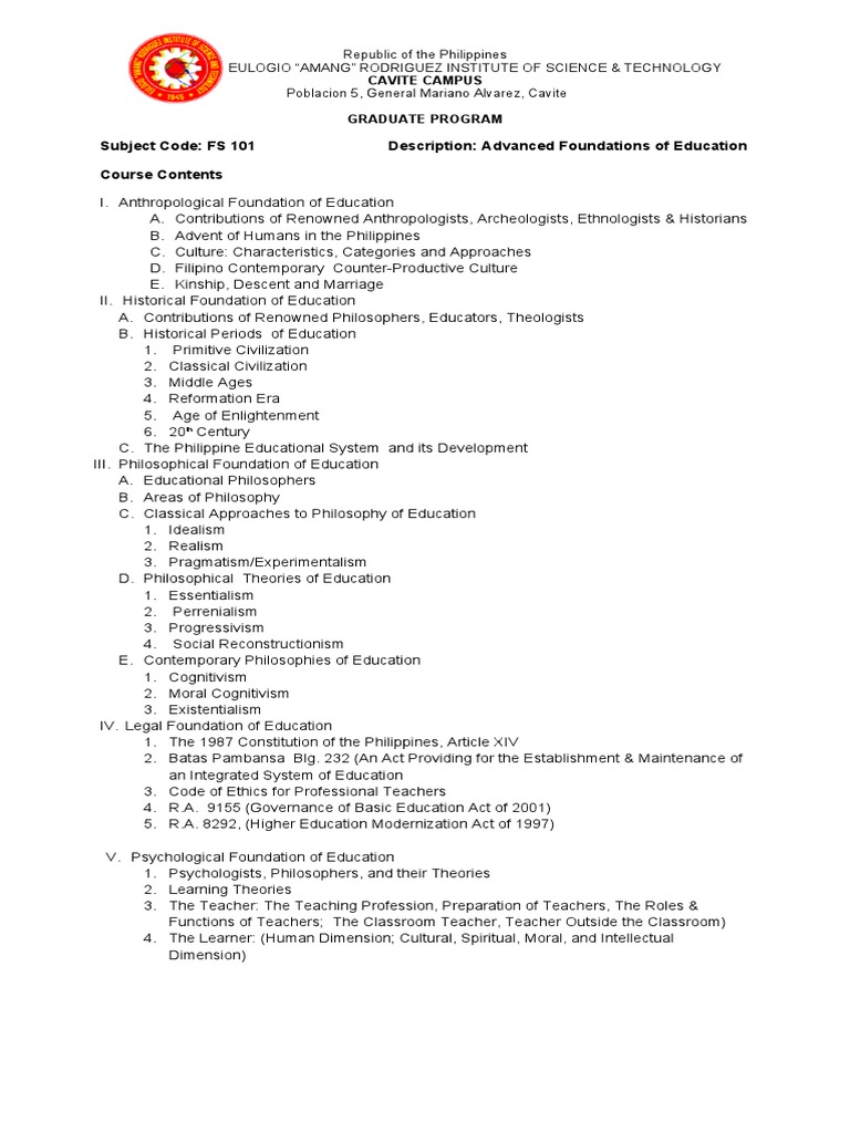 Subject Code: FS 101 Description: Advanced Foundations of Education ...