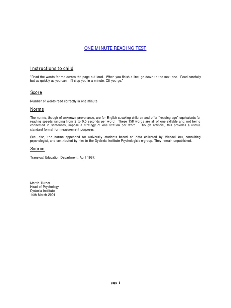 Instructions To Child One Minute Reading Test Pdf Psychology