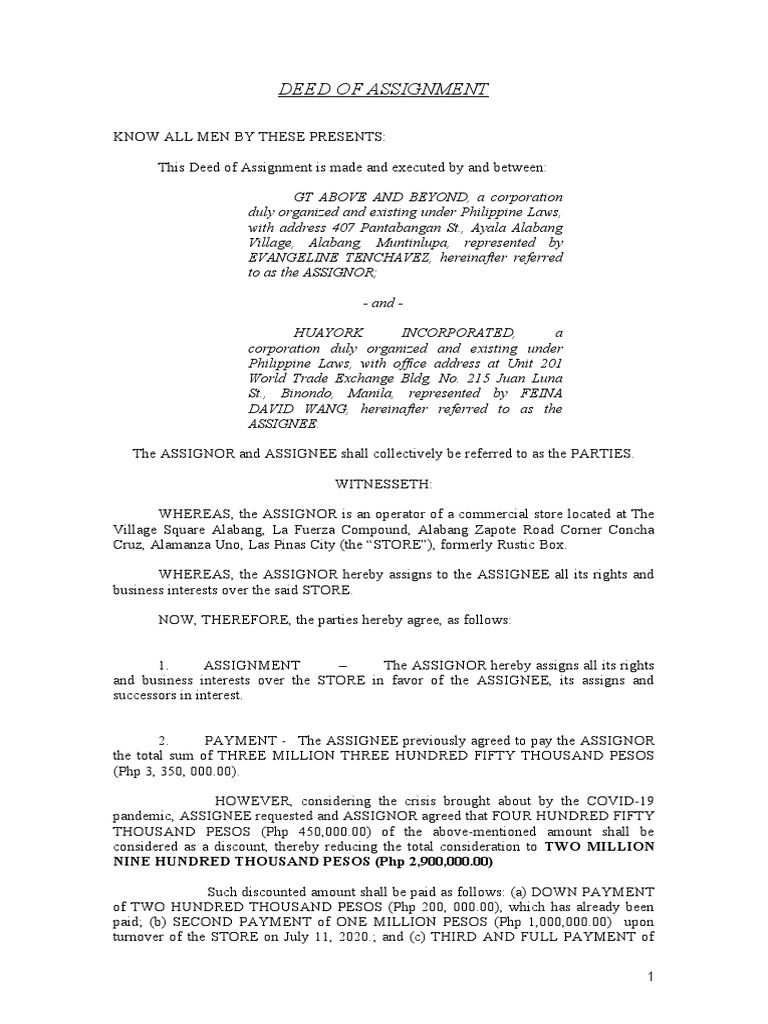 Deed of Assignment Revised | PDF | Assignment (Law) | Private Law