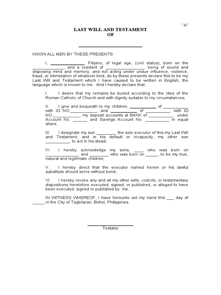 Last Will and Testament - Sample | PDF | Wills And Trusts | Will And ...
