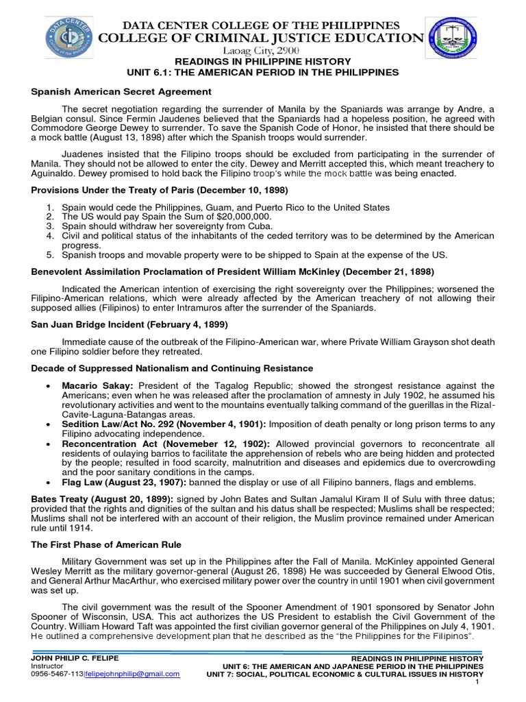 Readings in Philippine History Unit 6.1: The American Period in The ...