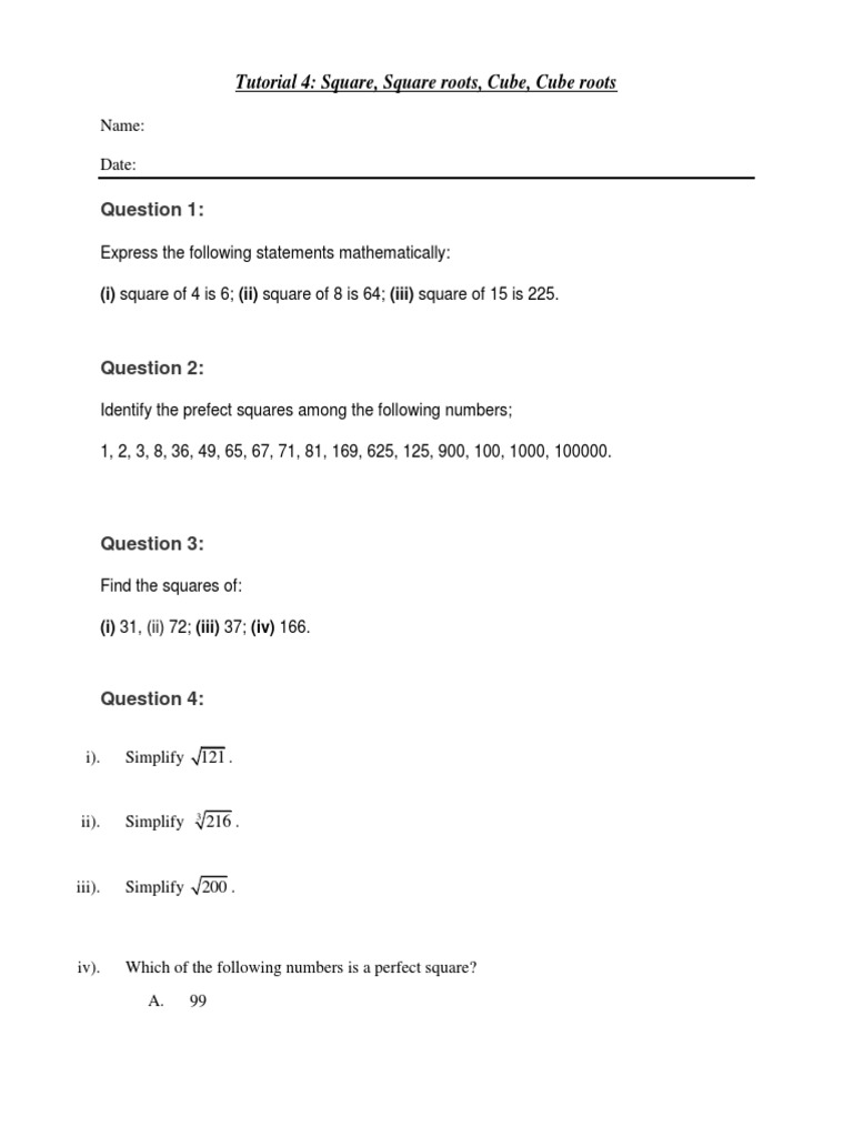 Tutorial 4: Square, Square Roots, Cube, Cube Roots: Name: Date | PDF ...
