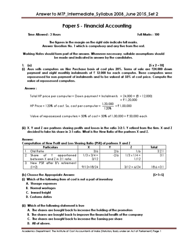 Paper 5 - Financial Accounting: Answer To MTP - Intermediate - Syllabus ...