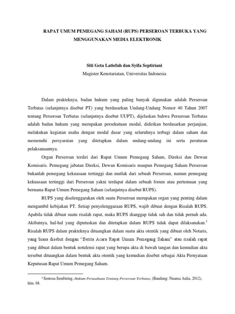 Rapat Umum Pemegang Saham (Rups) Perseroan Terbuka Yang Menggunakan ...