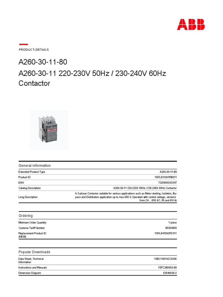 A260-30-11 220-230V 50Hz / 230-240V 60Hz Contactor: Product-Details ...