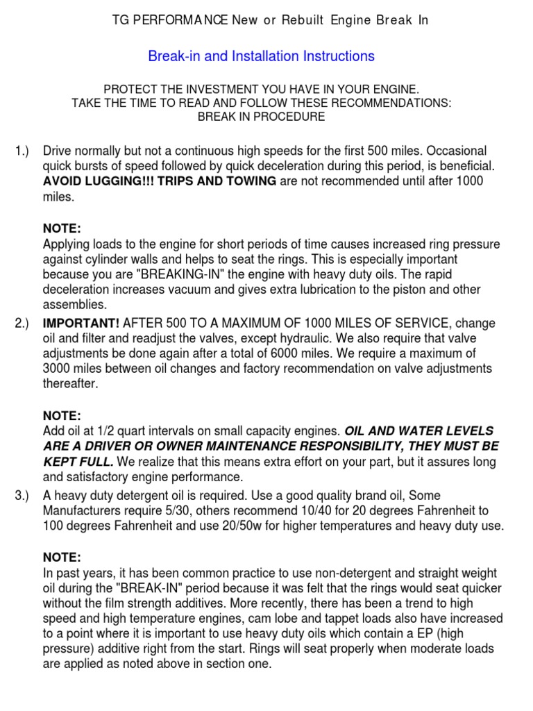 Break-In and Installation Instructions: AVOID LUGGING!!! TRIPS AND ...