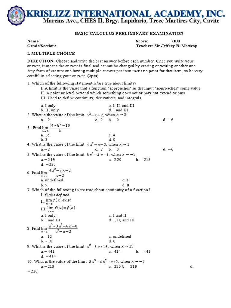 Basic Cal Prelim | PDF | Teaching Mathematics | Mathematical Analysis