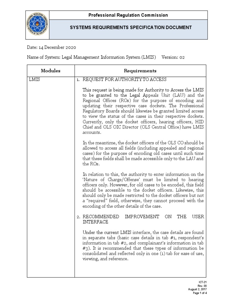 Lmis Systems Reqts Spec Doc - REVISED | PDF | Computer Science | Software