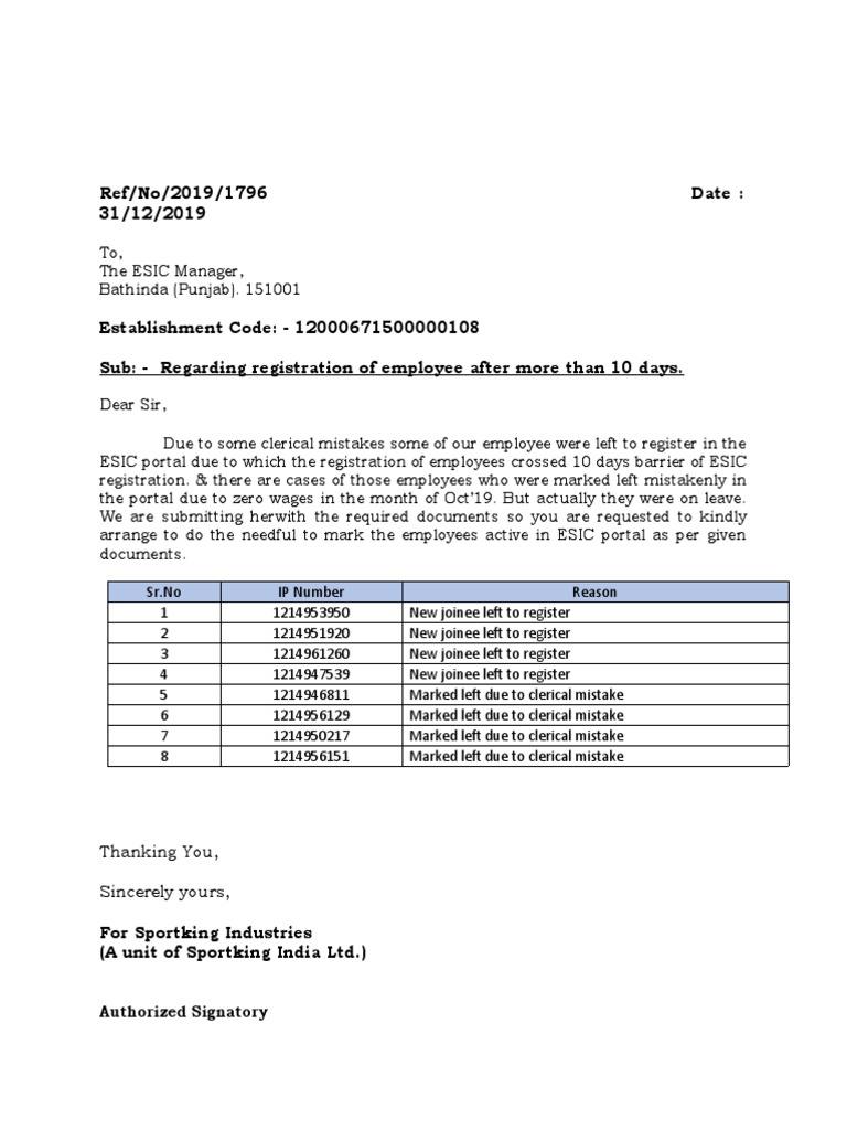 ESIC Registration Delay Request | PDF