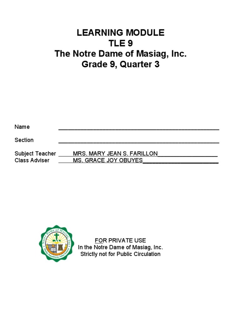 Learning Module Tle 9 The Notre Dame of Masiag, Inc. Grade 9, Quarter 3 ...