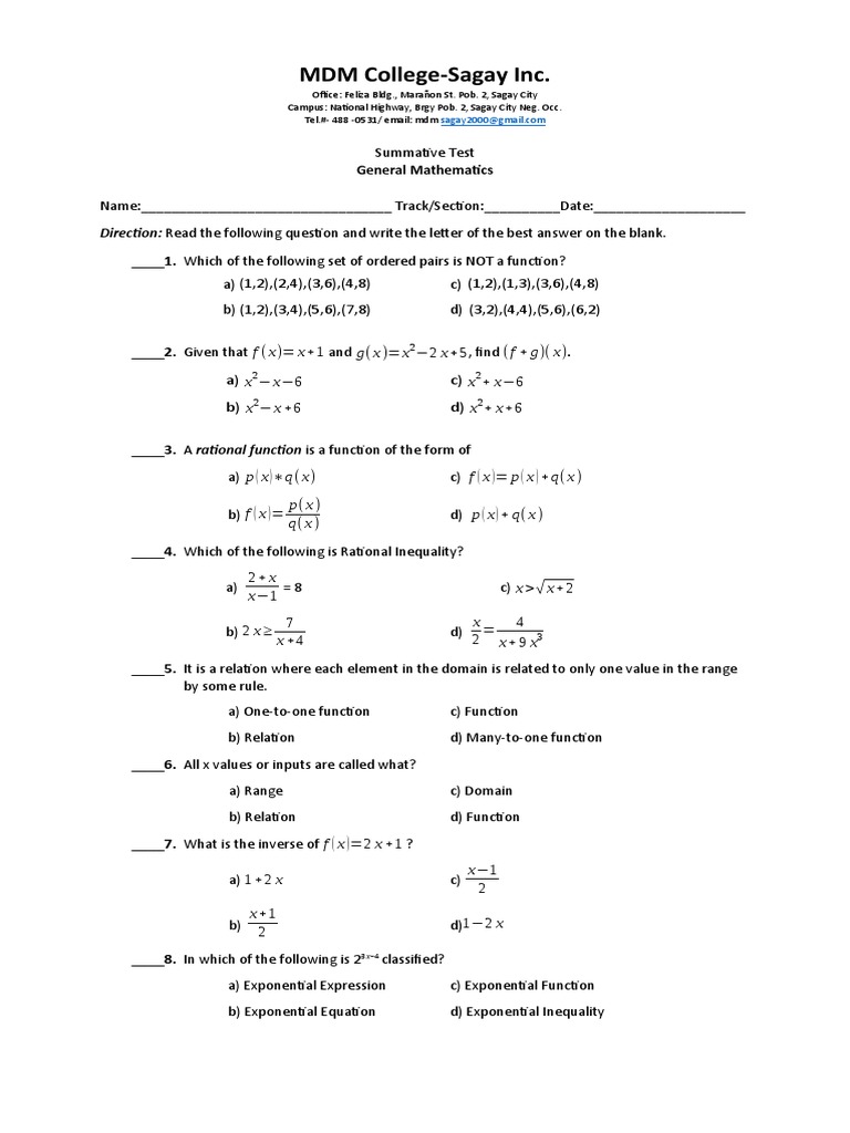 Gen Math SummativeTest | PDF | Logarithm | Exponential Function