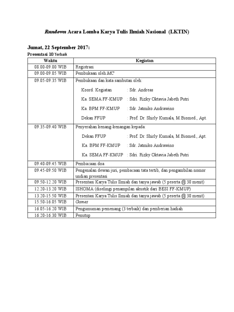Rundown Acara Lomba Karya Tulis Ilmiah Nasional | PDF