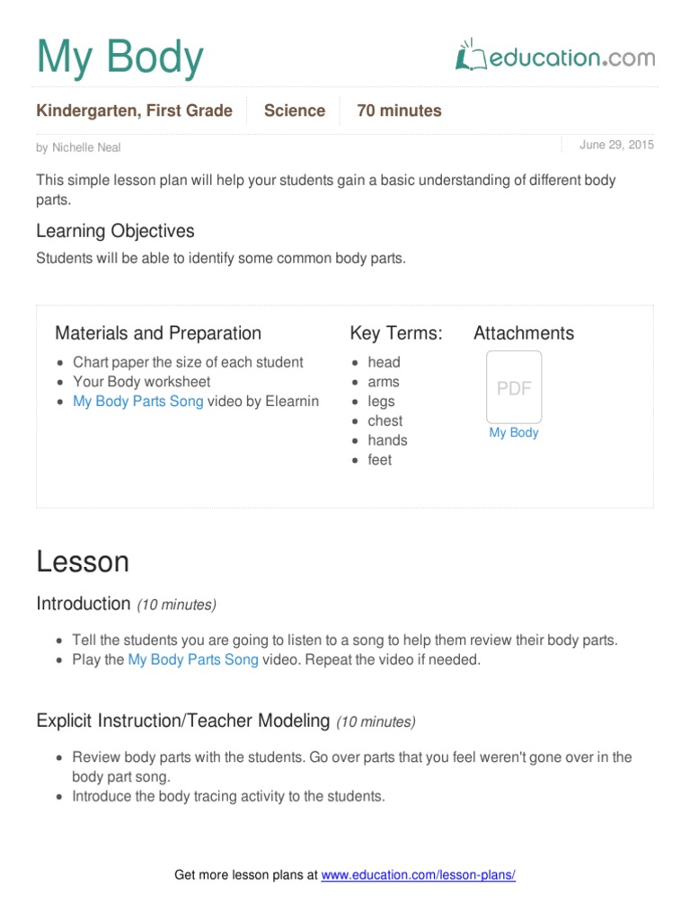 My Body: Lesson | PDF | Lesson Plan | Applied Psychology