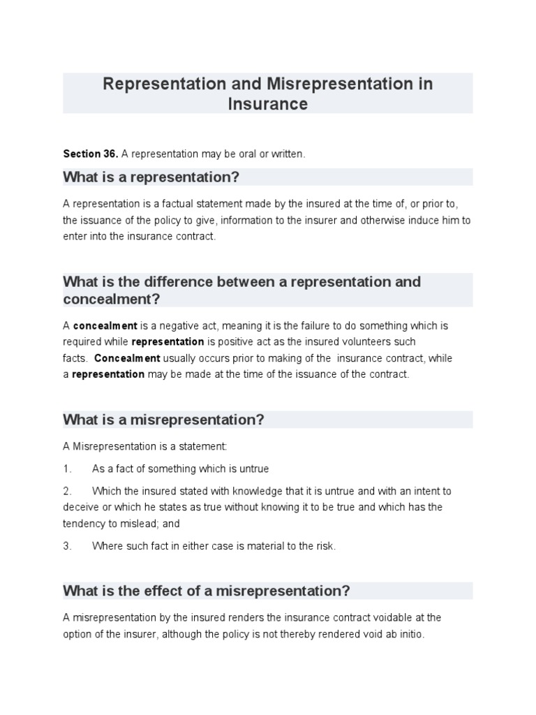 Insurance Representation Guide | PDF | Misrepresentation | Contract Law