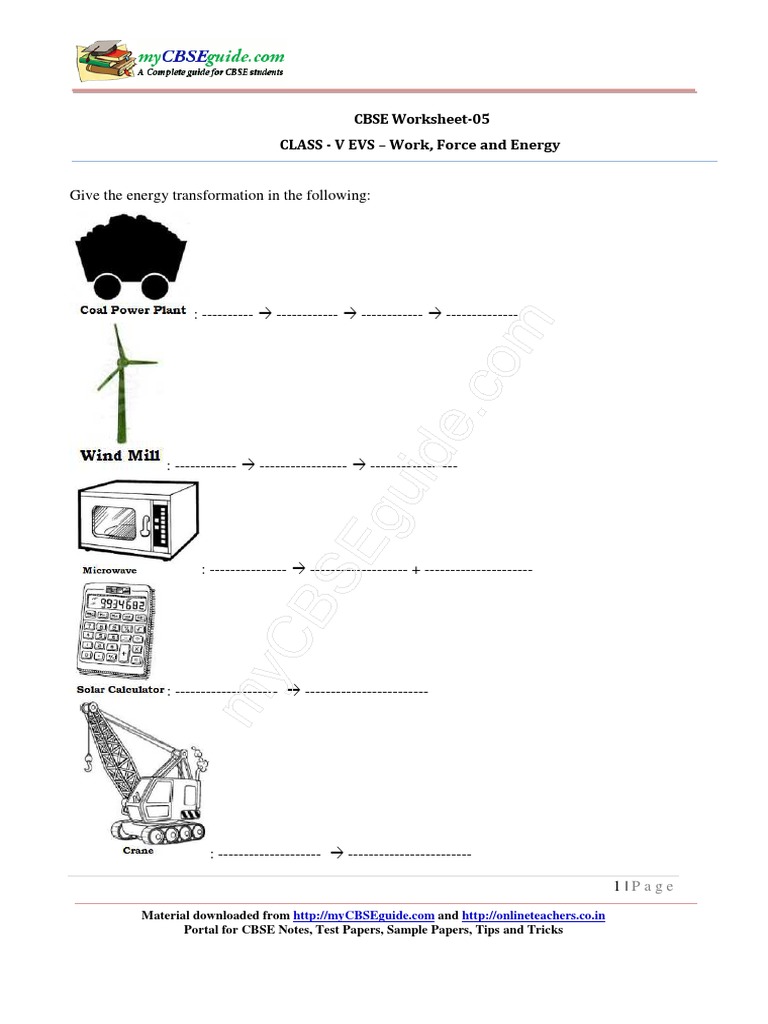 CBSE Worksheet-05 CLASS - V EVS - Work, Force and Energy | PDF