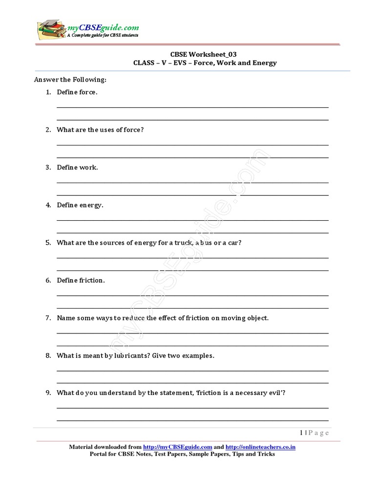 CBSE Worksheet - 03 CLASS - V - EVS - Force, Work and Energy | PDF ...
