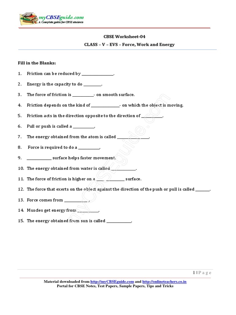 CBSE Worksheet-04 CLASS - V - EVS - Force, Work and Energy | PDF