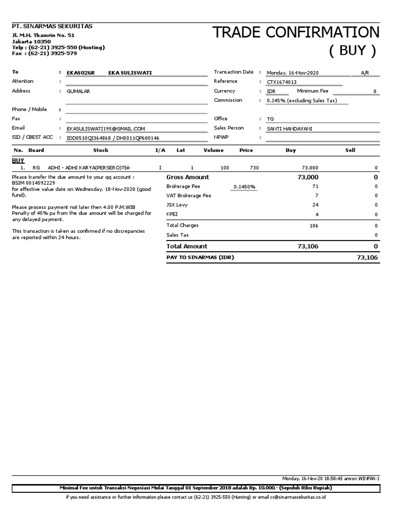 Trade Confirmation for ADHI KARYA Transaction | PDF | Indonesian Rupiah ...
