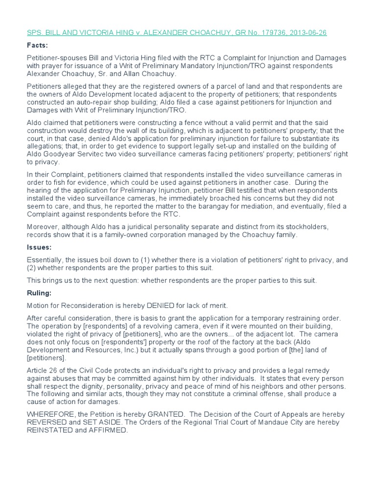 Hing v. Choachuy: Privacy Violation Ruling | PDF | Injunction ...