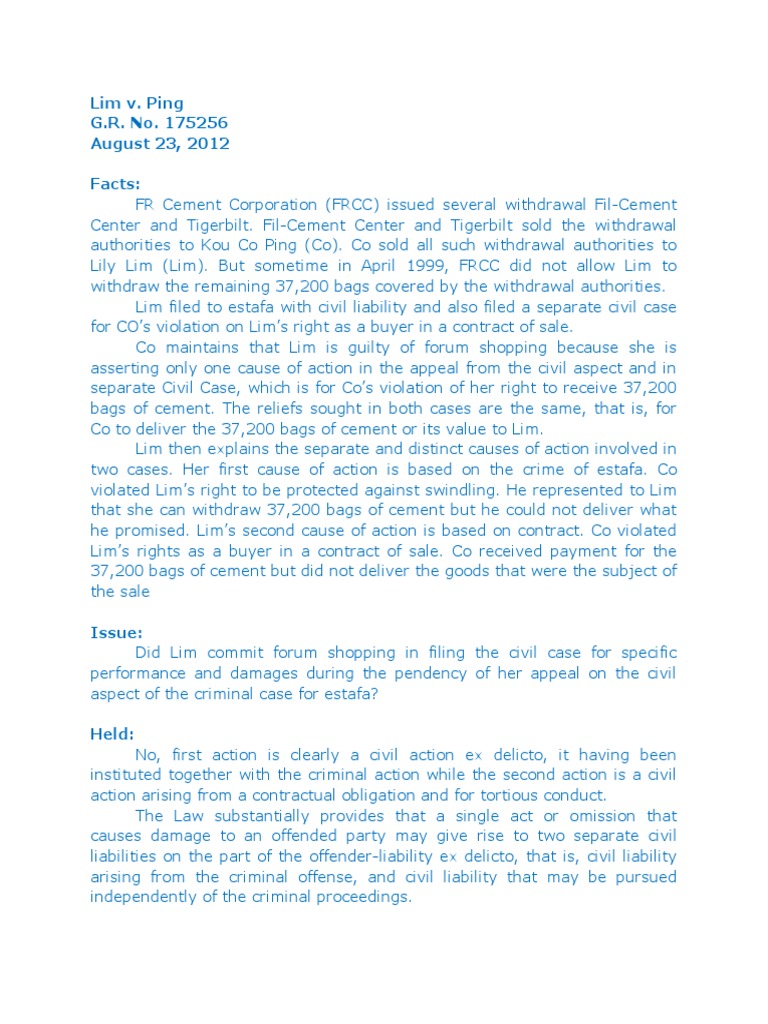 Lim v. Ping G.R. No. 175256 August 23, 2012 Facts | PDF | Law Of ...