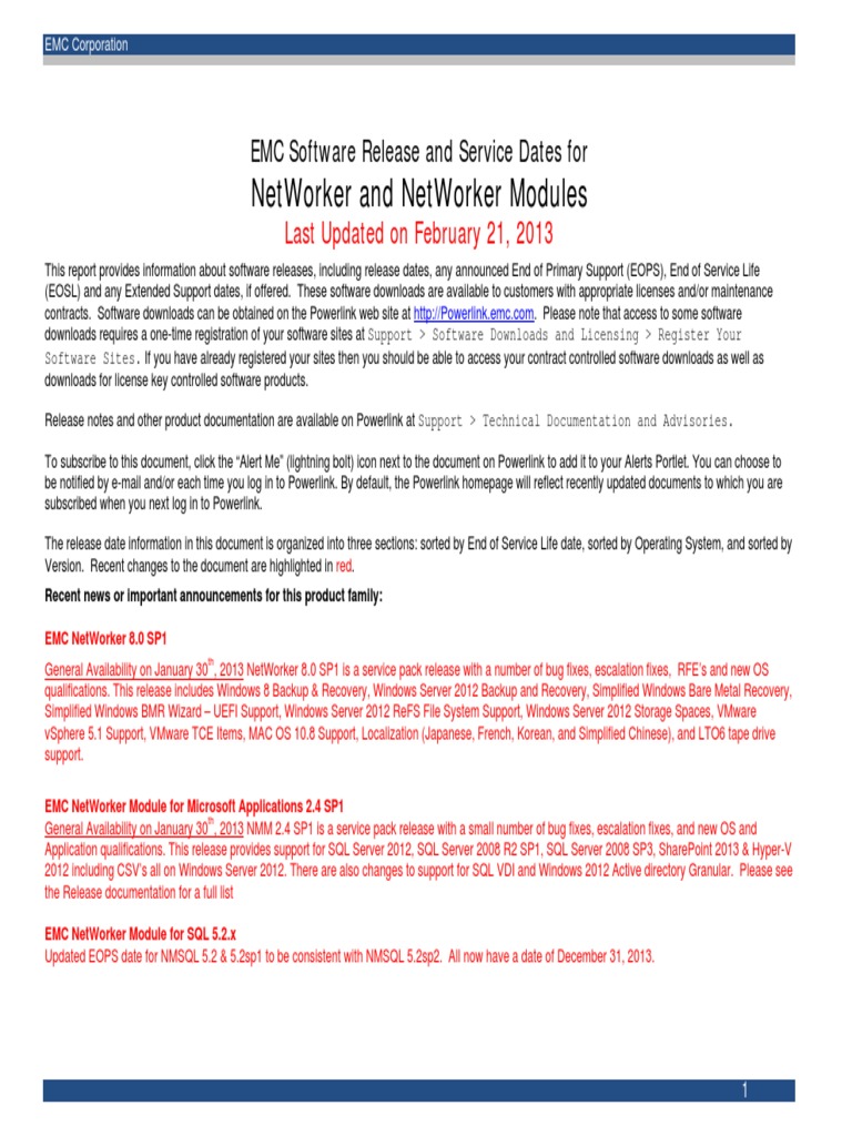 Networker and Networker Modules: Emc Software Release and Service Dates ...