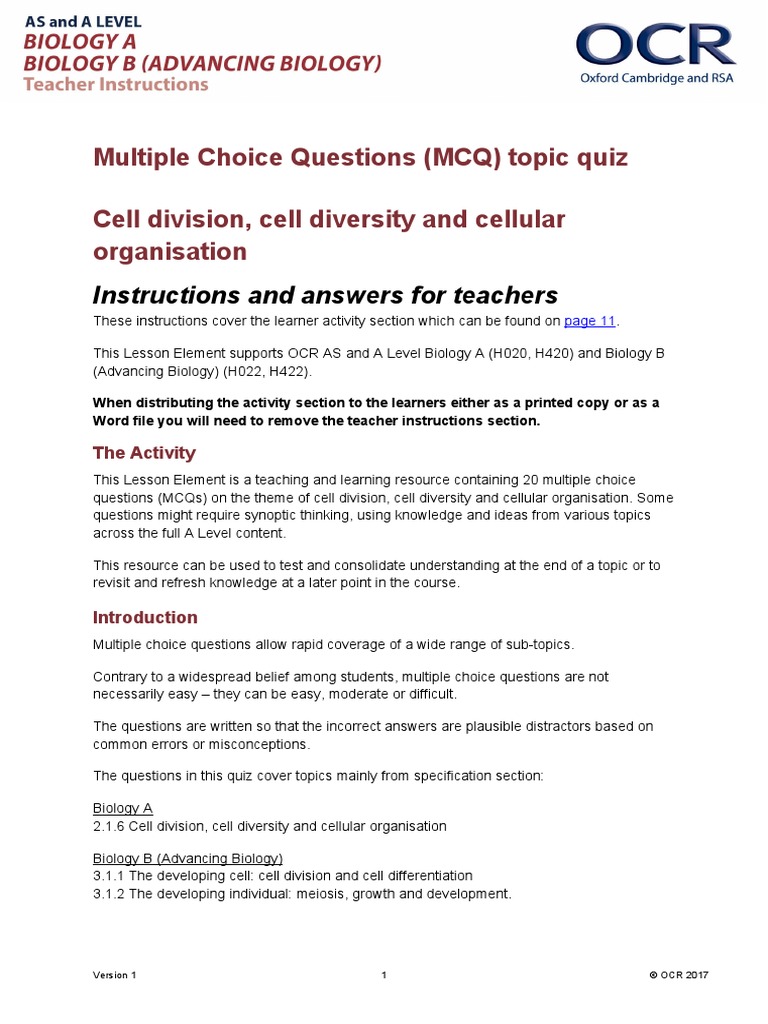 Multiple Choice Questions (MCQ) Topic Quiz Cell Division, Cell ...