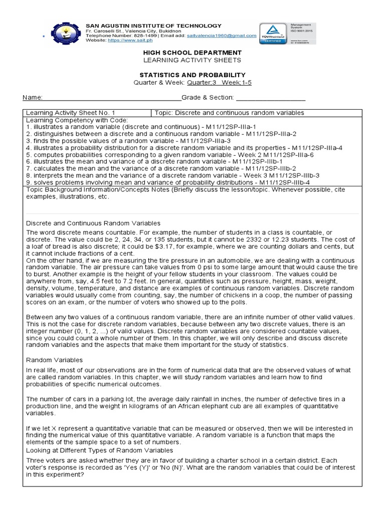 Las in Statistics and Probability | PDF | Probability Distribution ...