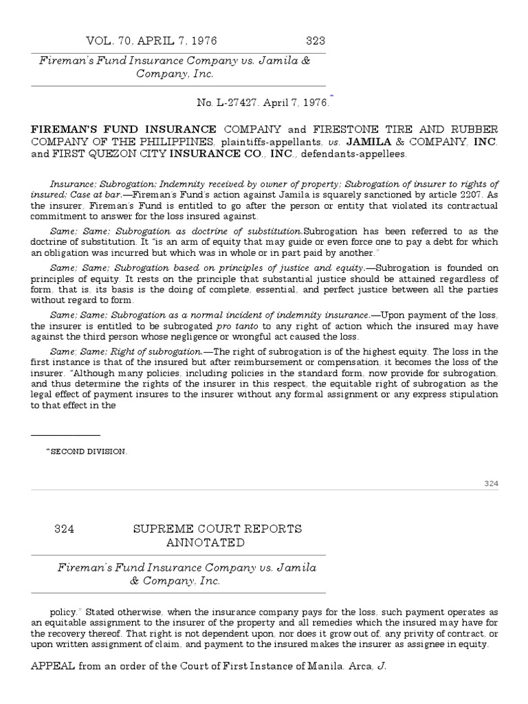 8) Fireman's Fund Insurance Company vs. Jamila & Company, Inc., 70 SCRA ...