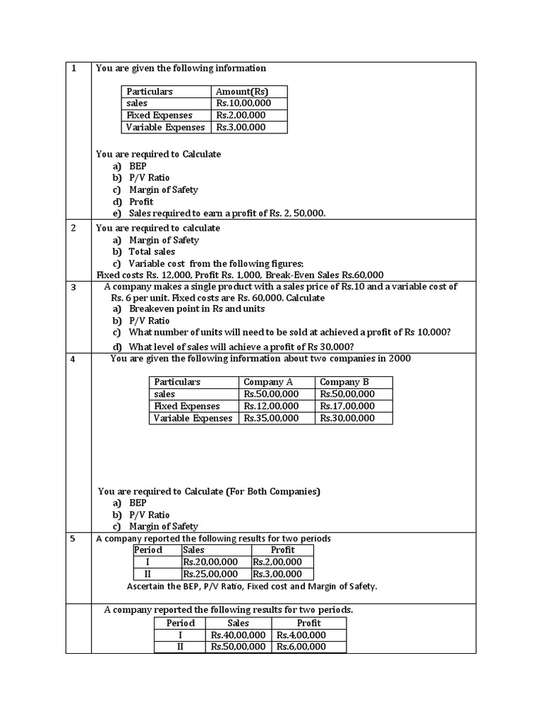 Calculate BEP, P/V Ratio, MOS and Profits for Various Business ...