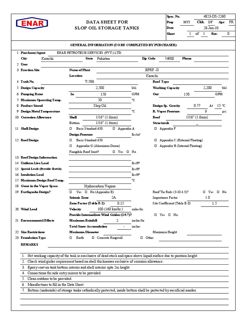 Data Sheet For Slop Oil Storage Tanks: Special Loads (Provide Sketch ...