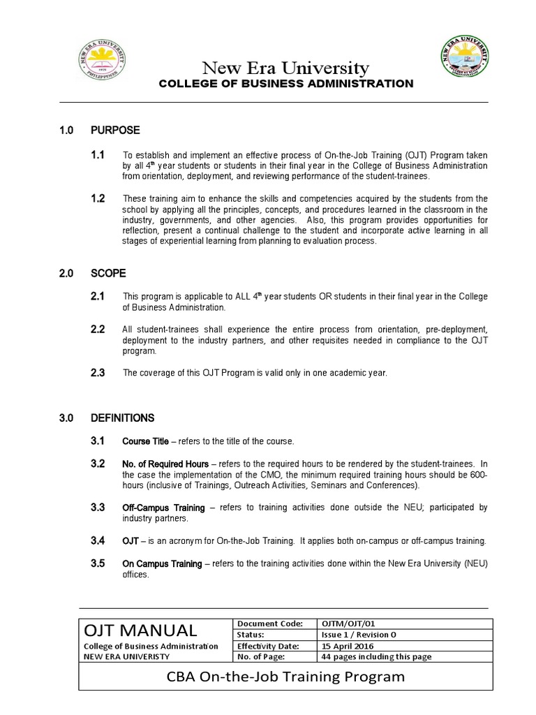 New Era University: CBA On-the-Job Training Program | PDF | Cognition ...