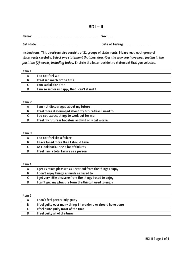 Bdi - Ii: Instructions: This Questionnaire Consists of 21 Groups of ...