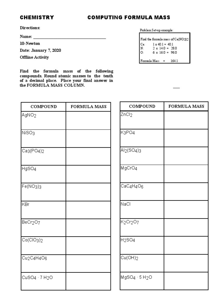 Formula Mass Worksheet | PDF