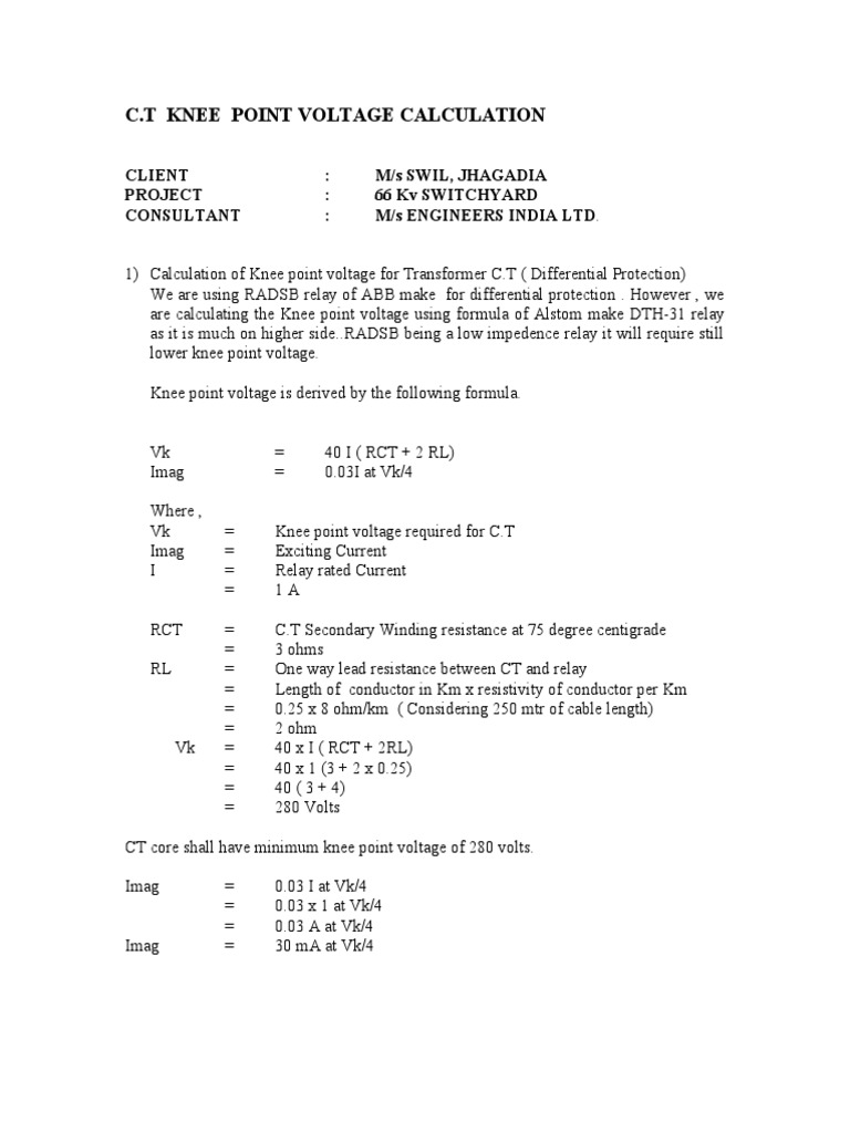 C.T Knee Point Voltage Calculation | PDF | Transformer | Volt