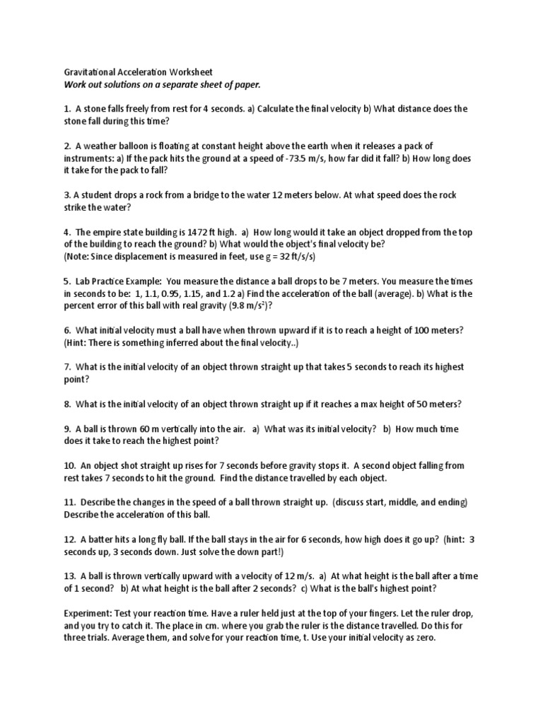 3.2 - Gravitational Acceleration Worksheet | PDF | Gravity | Velocity