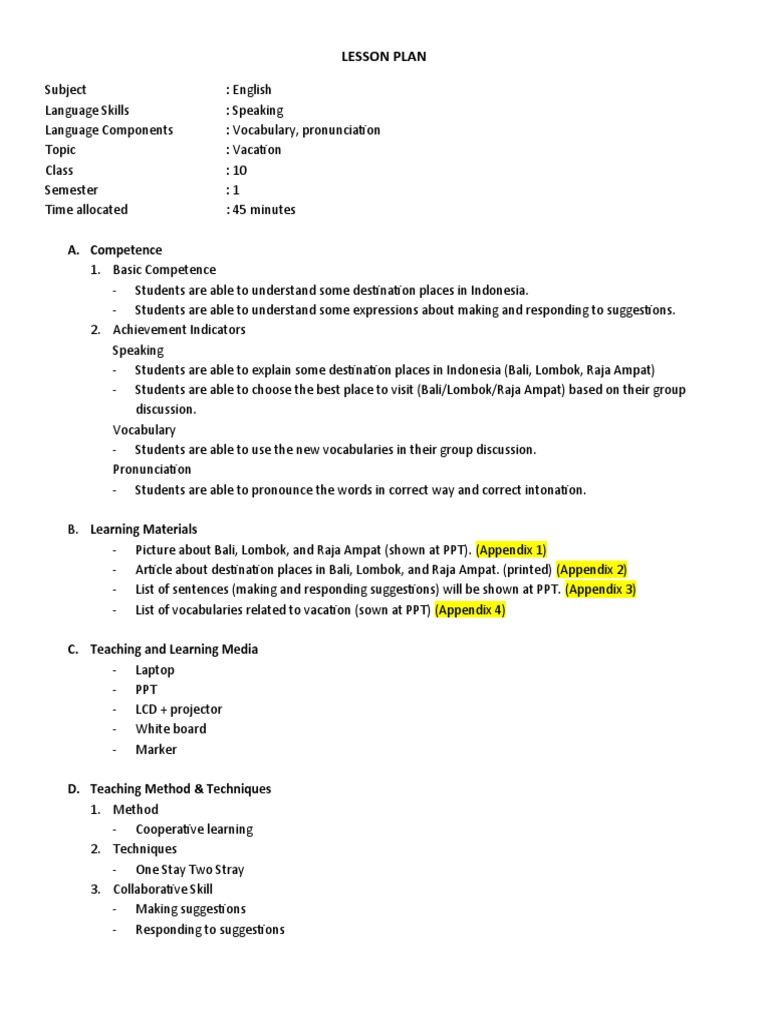 English Lesson Plan: Vacation Destinations | PDF | Bali | Lesson Plan