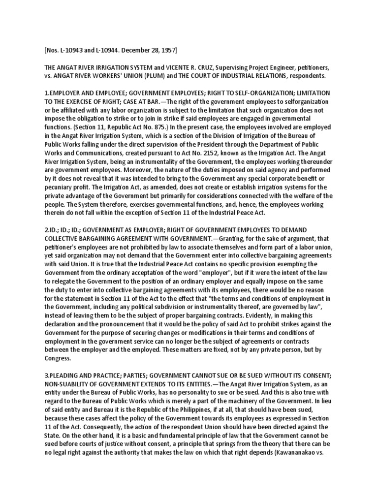 Angat River Irrigation System, Et Al. vs. Angat River Workers' Union ...