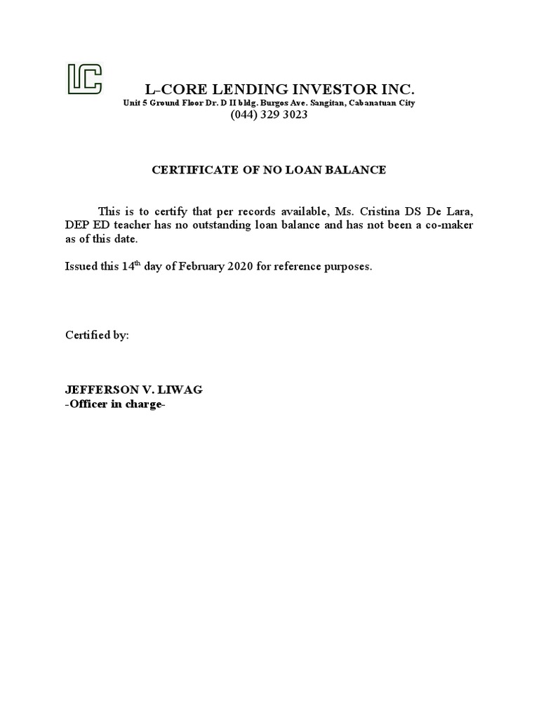 Certificate of No Loan Balance | PDF | Finance & Money Management