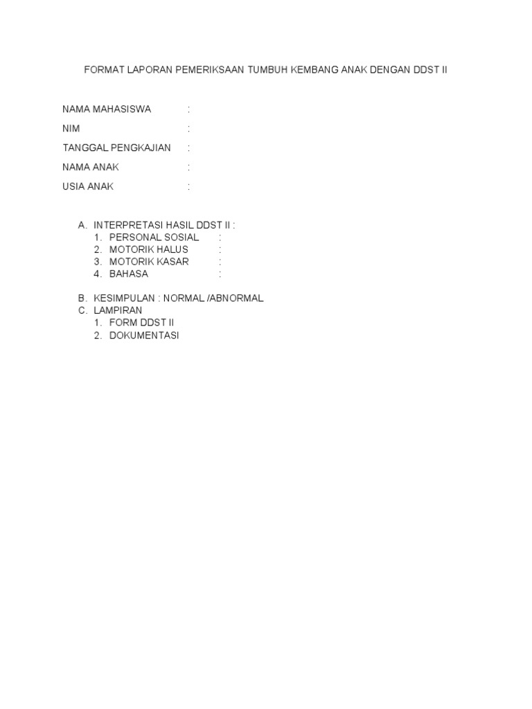 Format Laporan Pemeriksaan Tumbuh Kembang Anak Dengan DDST II | PDF | Hukum