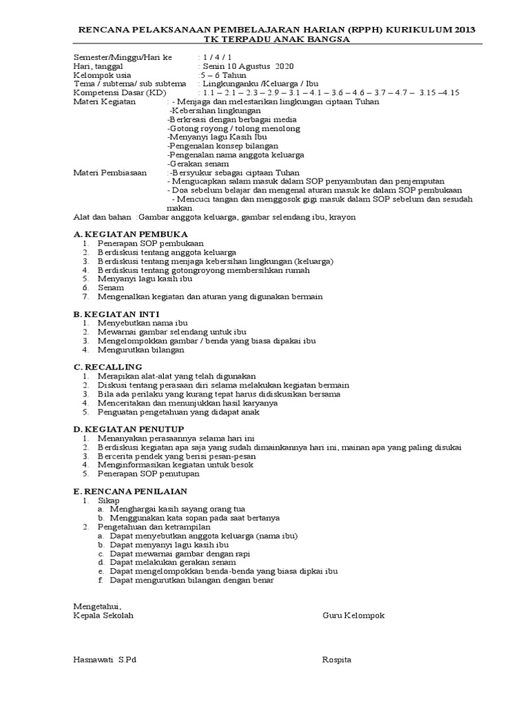RPPH Tema Keluarga untuk TK B | PDF
