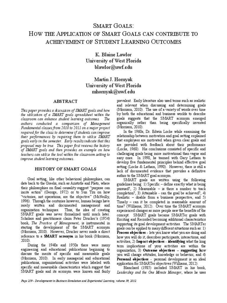 Lawlor 2012 Application of SMART Goals and Student Learning | PDF ...