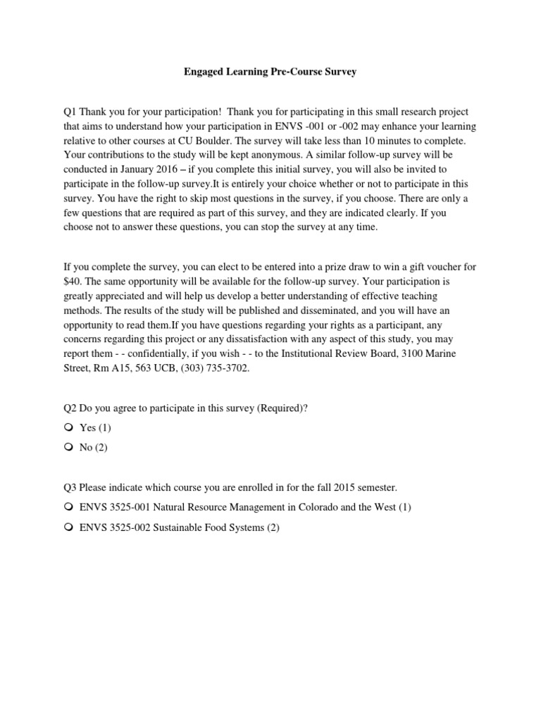 Engaged Learning Pre-Course Survey | PDF | Human Nature
