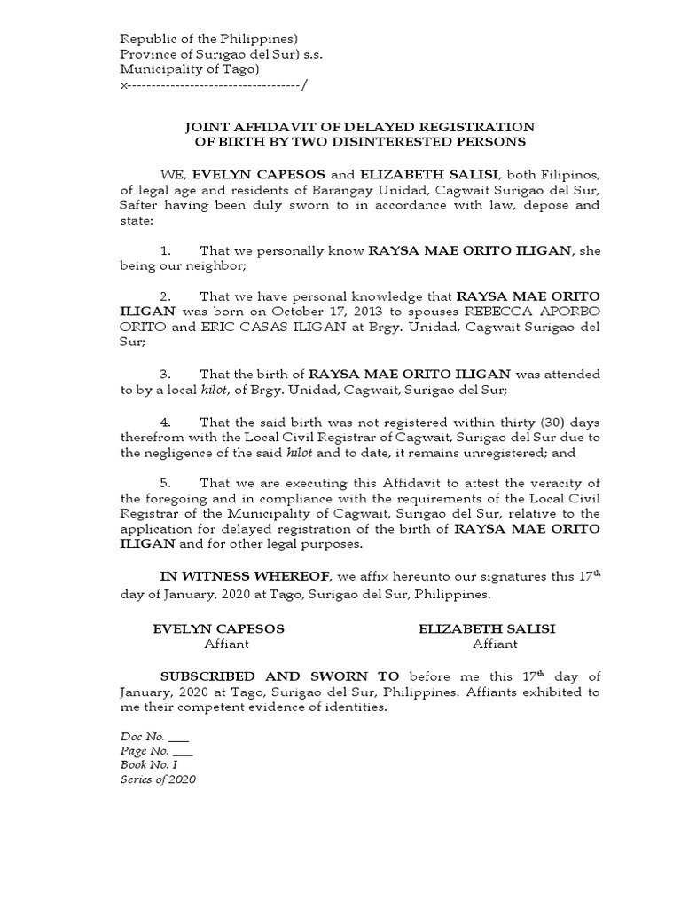 Joint Affidavit for Delayed Birth Registration | PDF