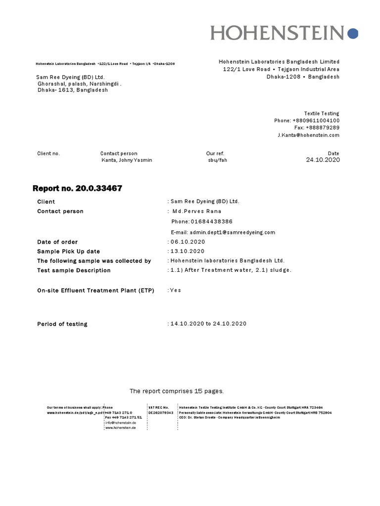 Waste Water Test Report No 20 0 33467 Sam Ree Dyeing BD LTD | Download ...
