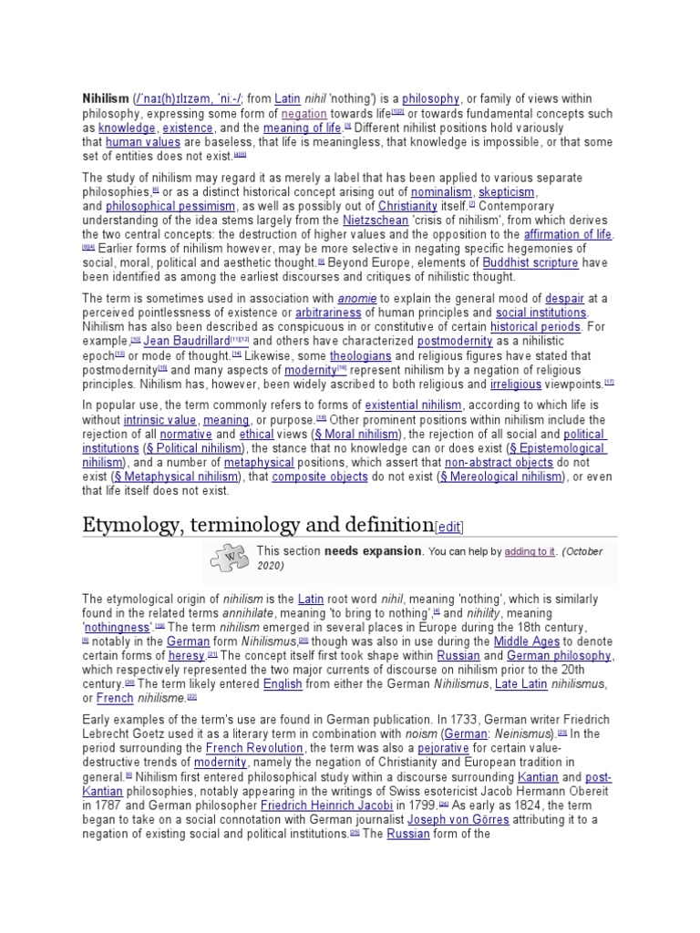 Etymology, Terminology and Definition: Nihilism ( | PDF | Nihilism ...