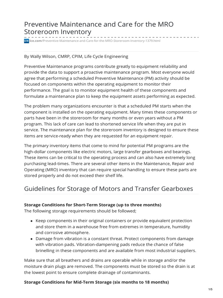 Preventive Maintenance and Care For The MRO Storeroom Inventory | PDF ...