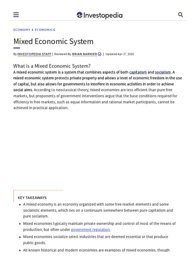 Mixed Economic System - Investopedia | PDF | Economic System | Free Market