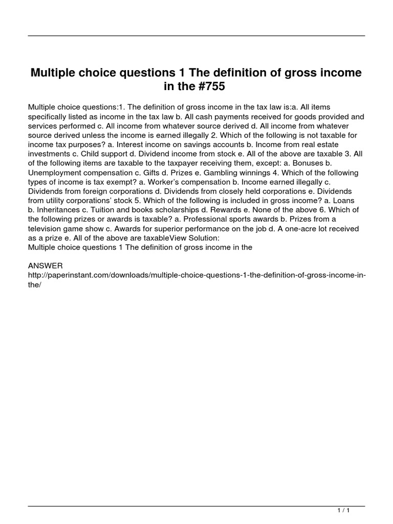 Multiple Choice Questions 1 The Definition of Gross Income in The PDF ...